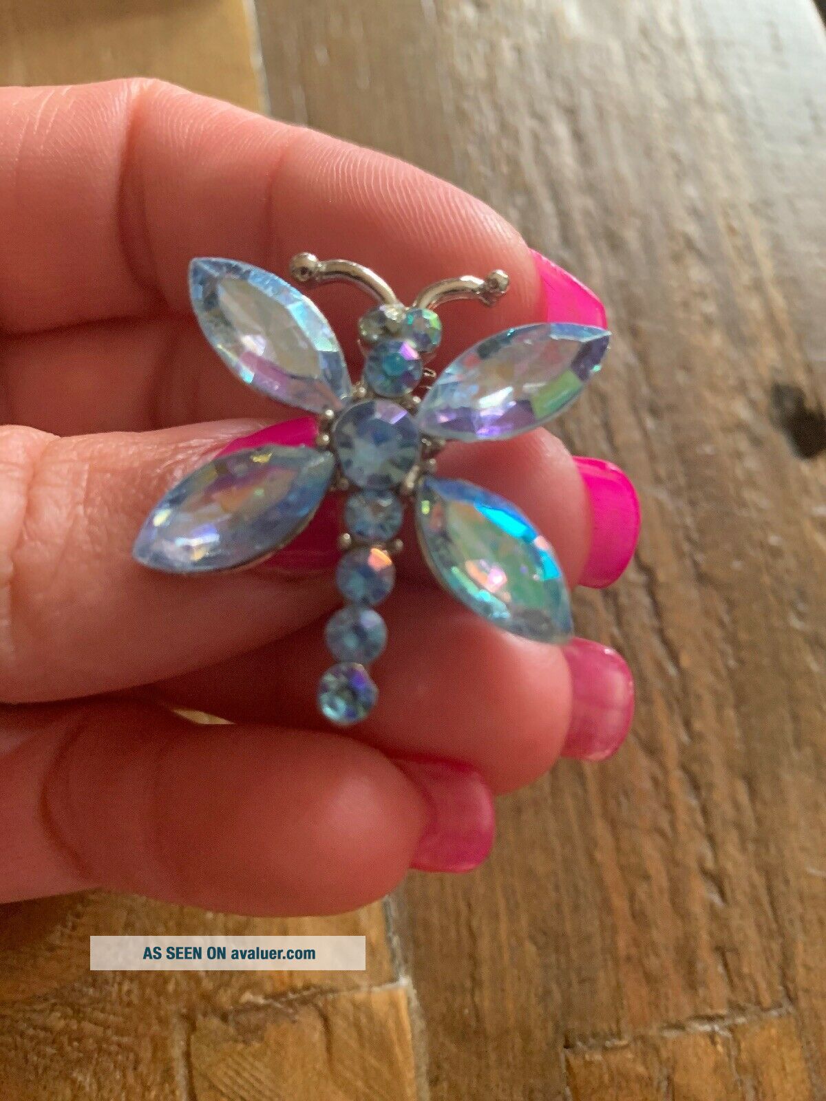 Vintage Silver Tone Blue AB Rhinestone Dragonfly Bug Insect Brooch Pin ...