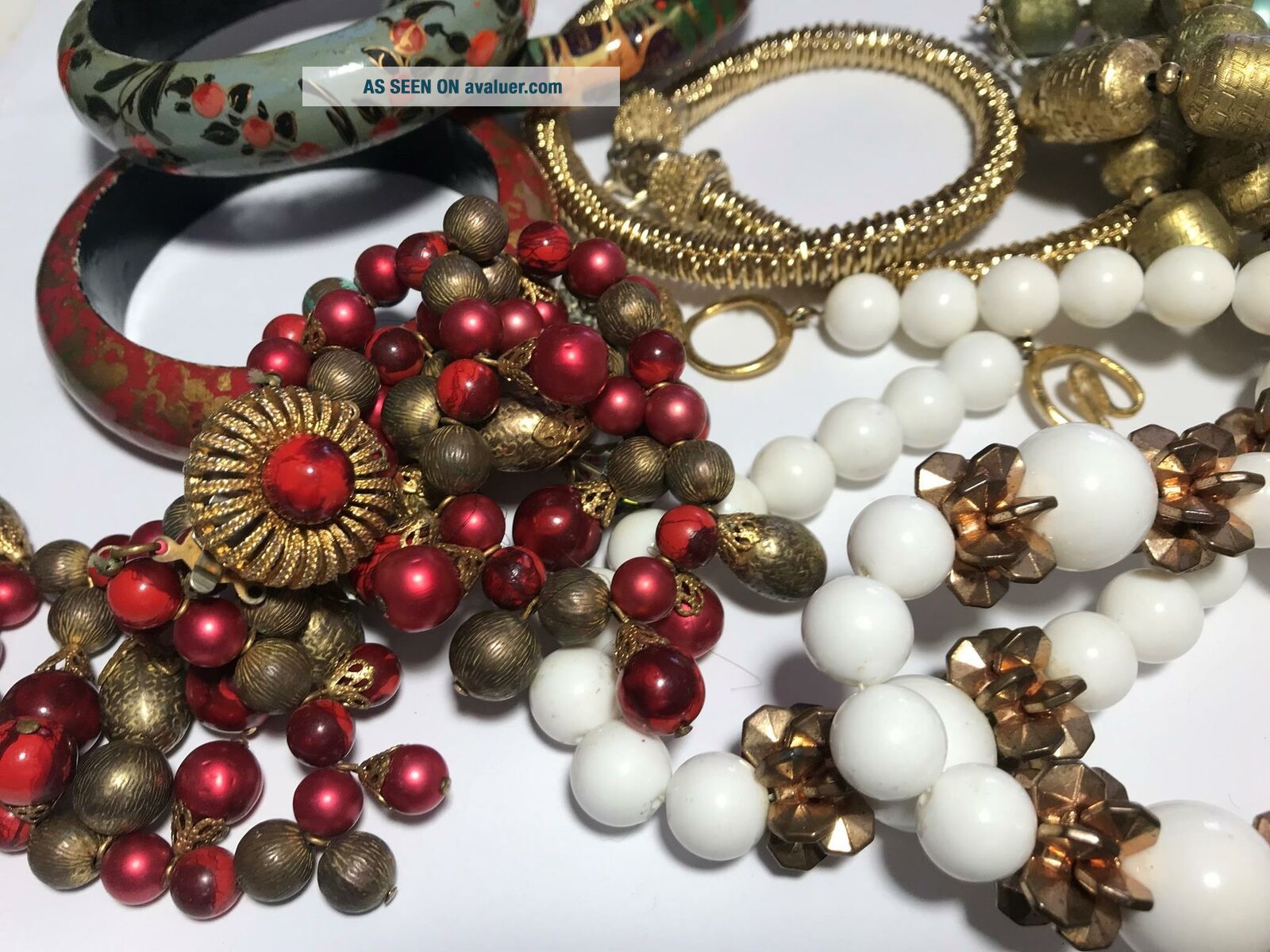 Vintage Plastic Beaded Costume Jewelry Necklaces & Painted Wood Bangle ...