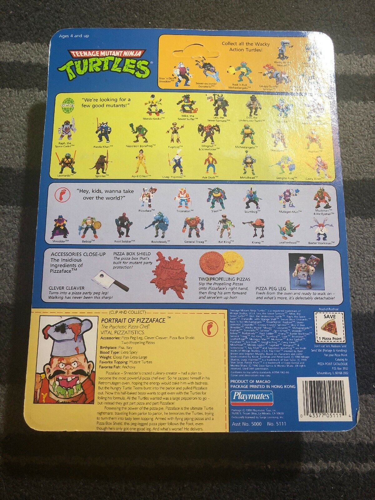 1990 TEENAGE MUTANT NINJA TURTLES PIZZAFACE TMNT FIGURE MOC Green Knife ...