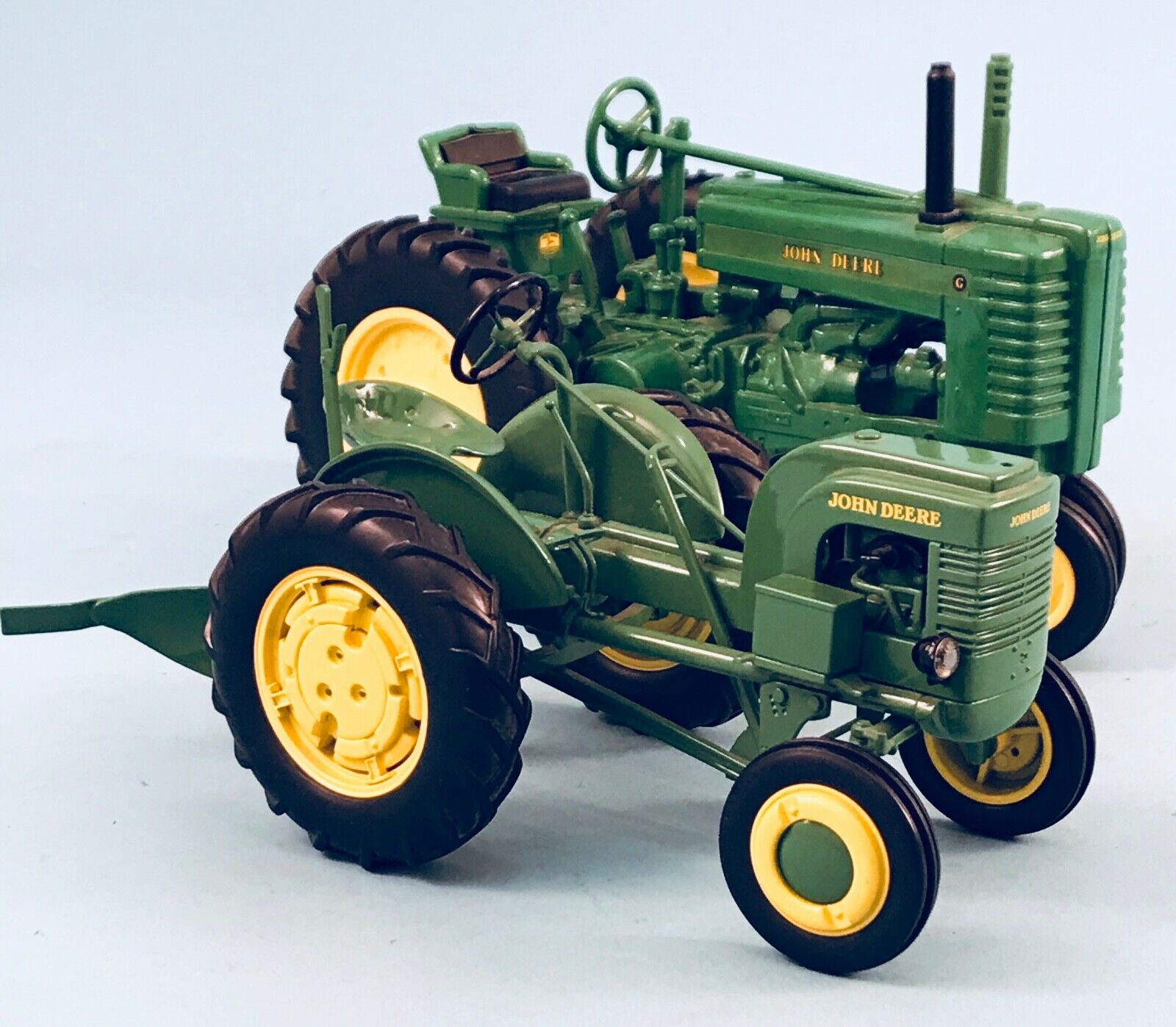 PAIR JOHN DEERE TOY TRACTORS MODEL “G” AND TRACTOR W/ TURNING PLOW 1/16 ...