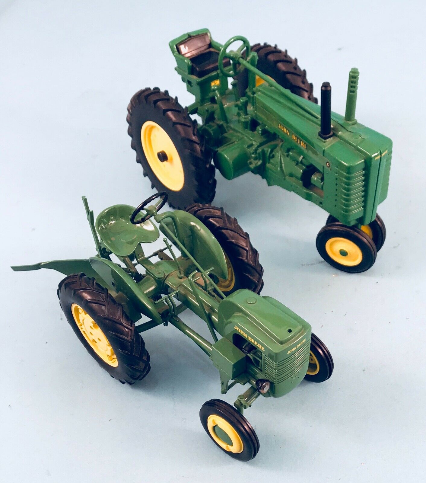 PAIR JOHN DEERE TOY TRACTORS MODEL “G” AND TRACTOR W/ TURNING PLOW 1/16 ...