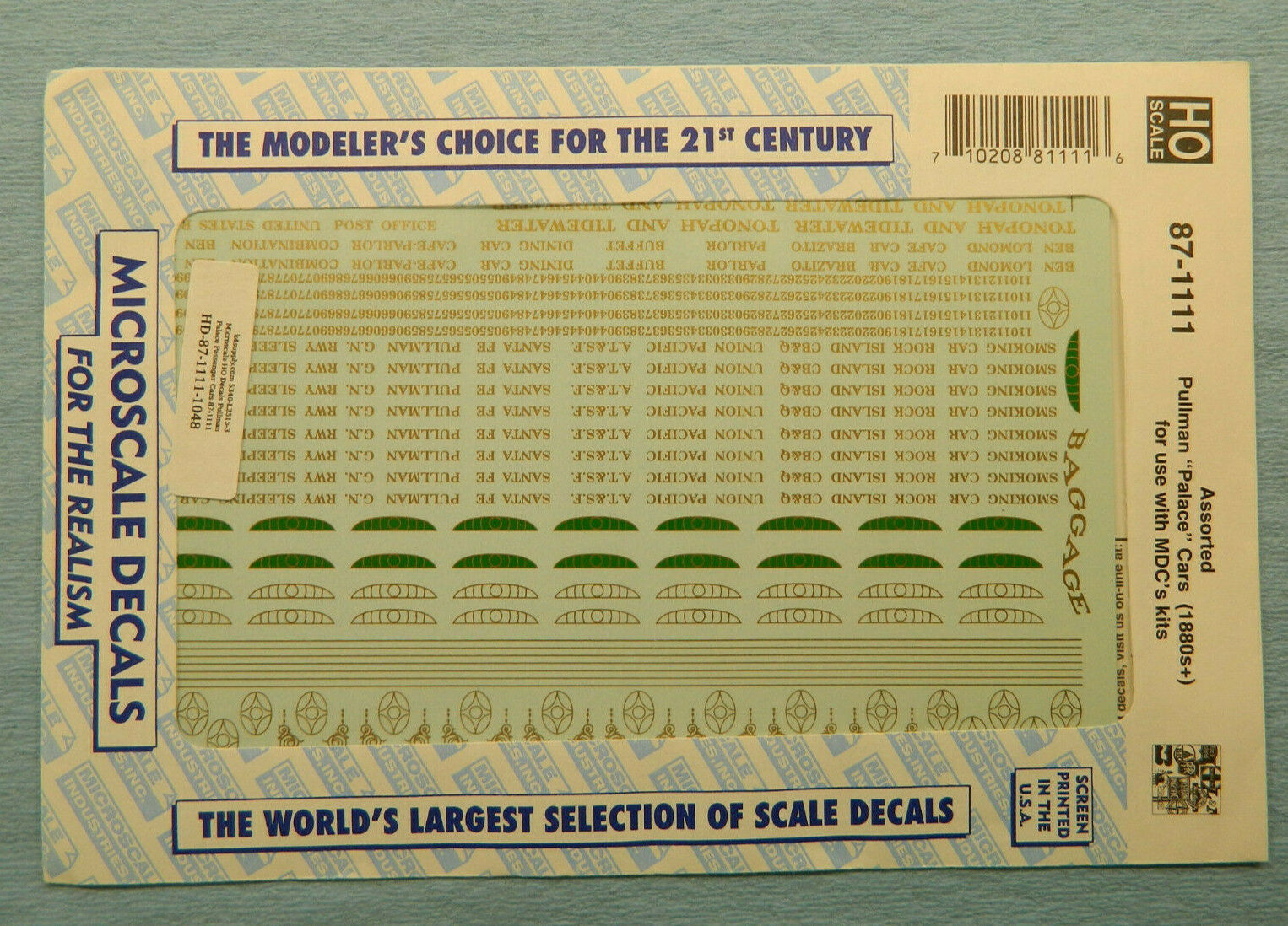 Pullman Palace Car Decals By Microscale HO Scale, 87 - 1111. UP, SF, GN ...